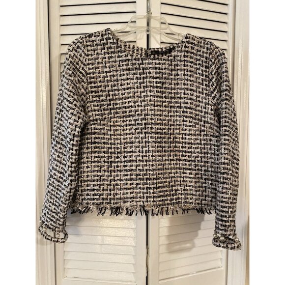 Zara | Tops | Zara Basic Collection Tweed Black Beige Long Blazer ...